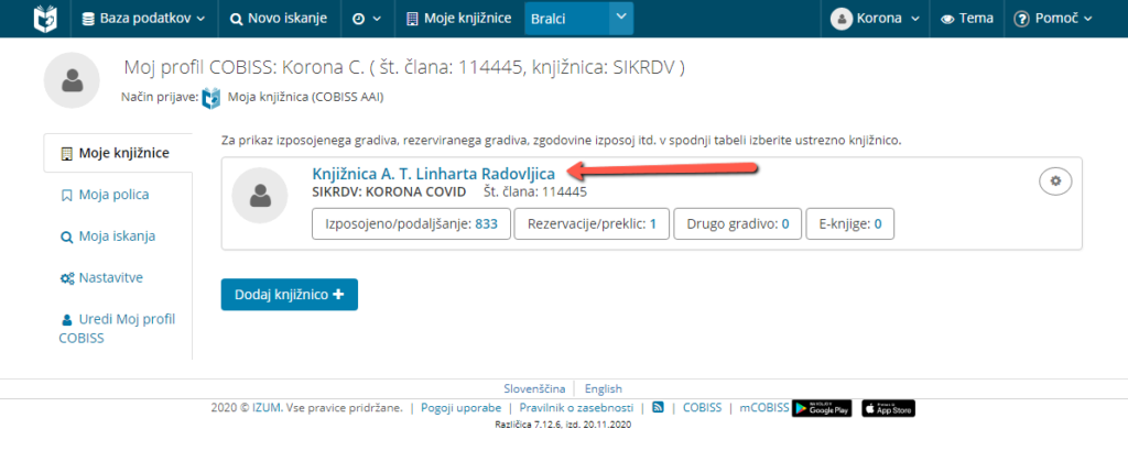 Moja knjižnica/Moj profil COBISS - Knjižnica A. T. Linharta Radovljica